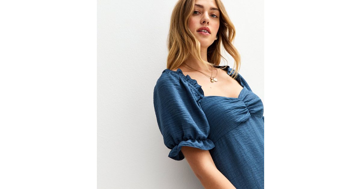 Indigo Blue Milkmaid Puff Sleeve Midi Dress | New Look