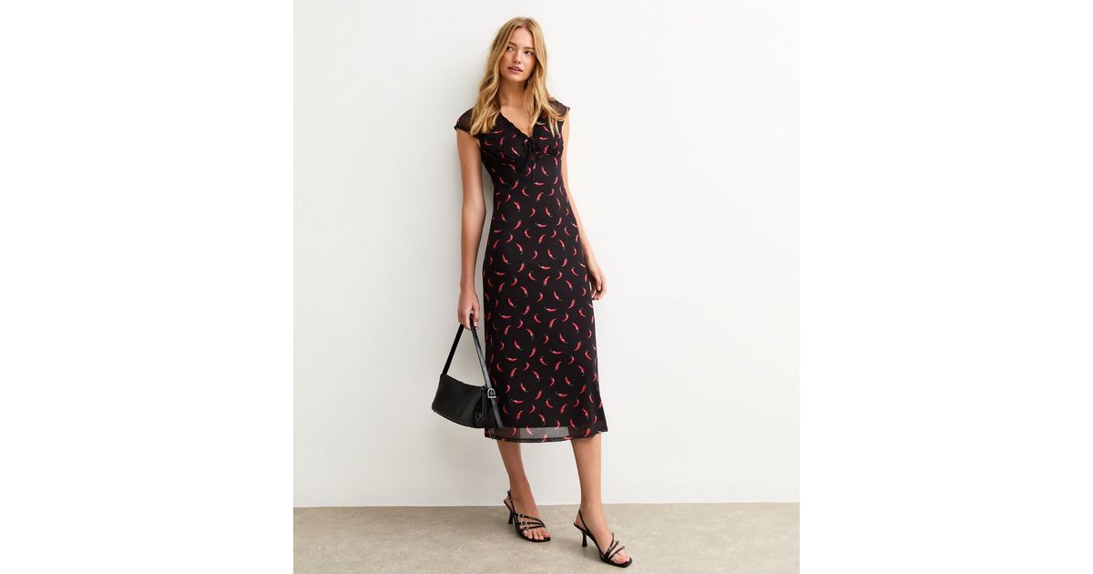 Black Chilli Print Cap Sleeve Mesh Midi Dress | New Look