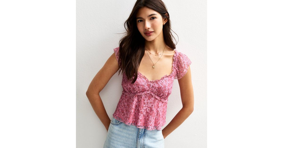 Pink Rose Print Lace Layer Milkmaid Top | New Look