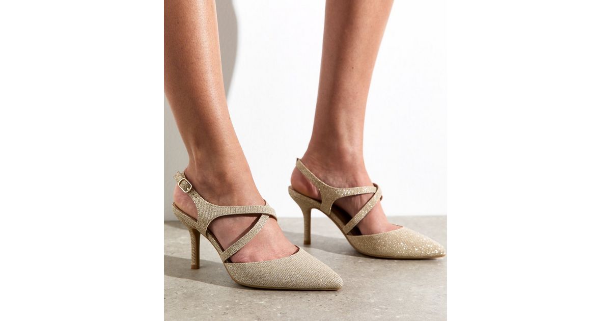 Wide Fit Gold Shimmer Asymmetric Strap Stiletto Heel Court Shoes | New Look