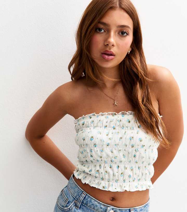 Girls White Floral Print Shirred Lace Bandeau Top | New Look