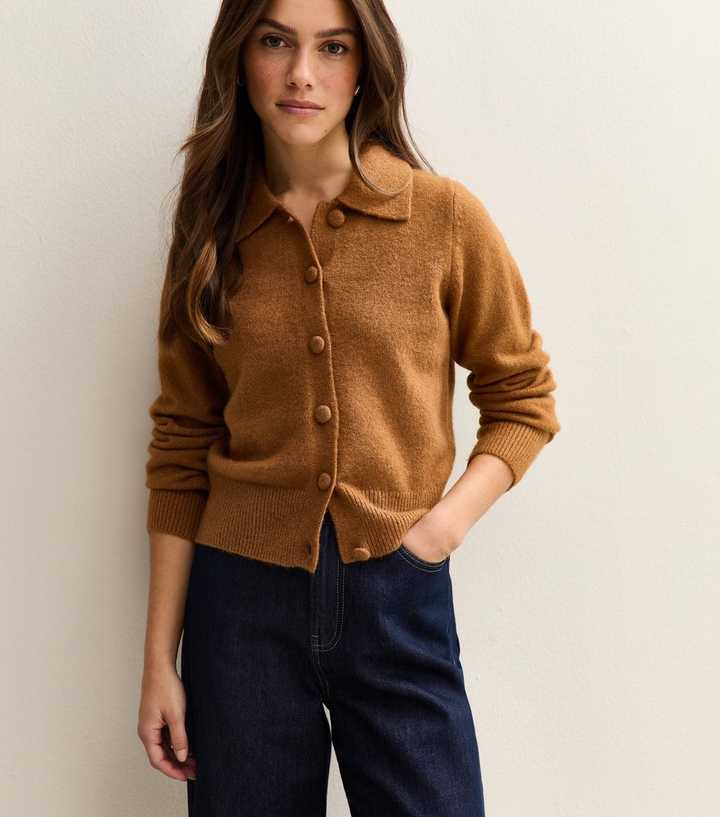 Petite Tan Midweight Knit Collared Button Cardigan | New Look