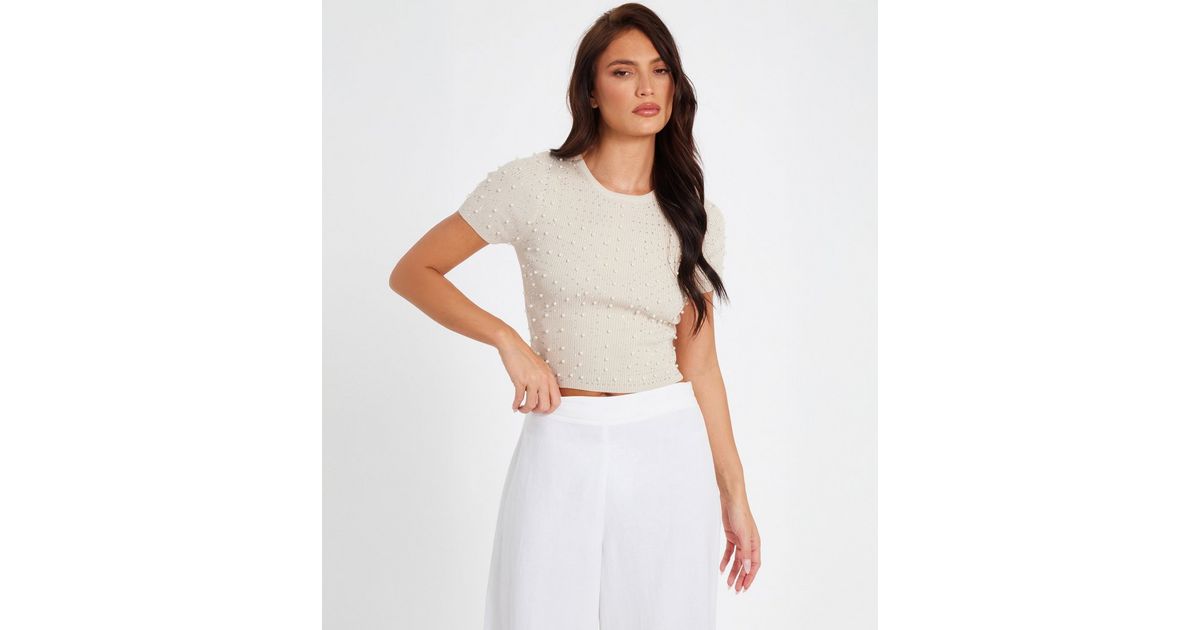 Quiz Cream Faux Pearl Embellished Cropped Top | New Look
