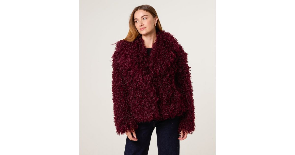 Blue Vanilla Dark Red Textured Faux Fur Coat | New Look