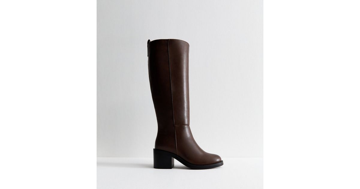 Dark Brown Faux Leather Heeled Knee High Boots | New Look