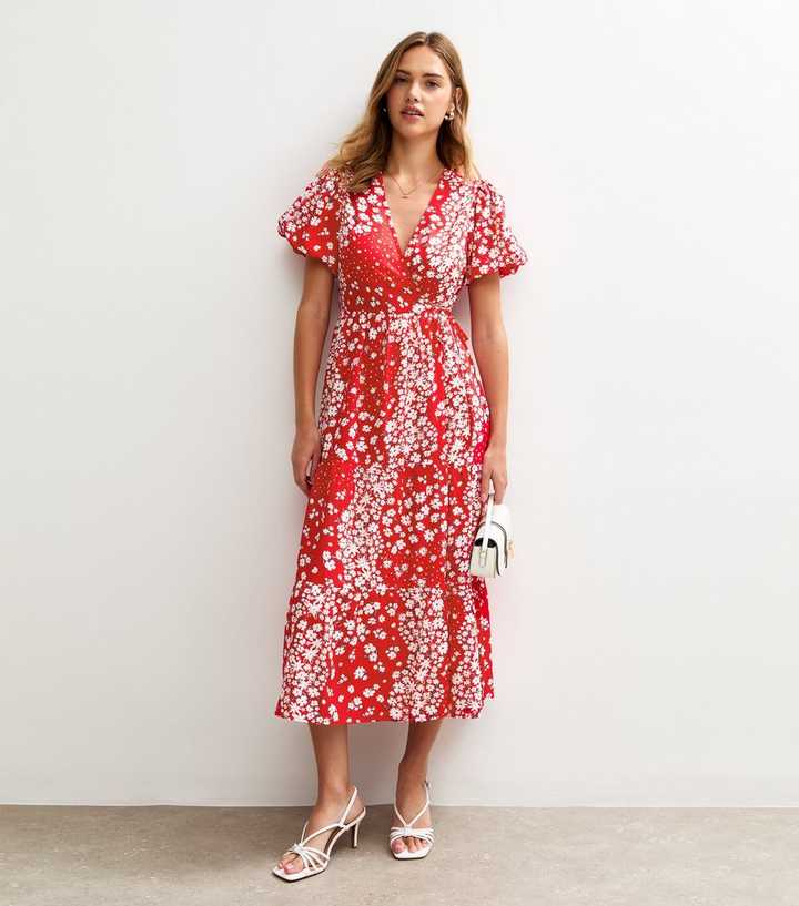 Red Floral Print Wrap Midi Dress | New Look