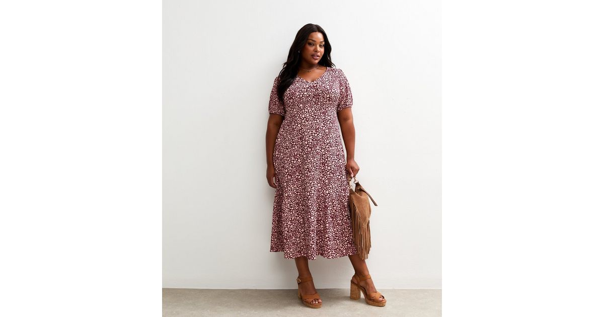 Curves Pink Crinkled Floral Print Midi Dress | New Look