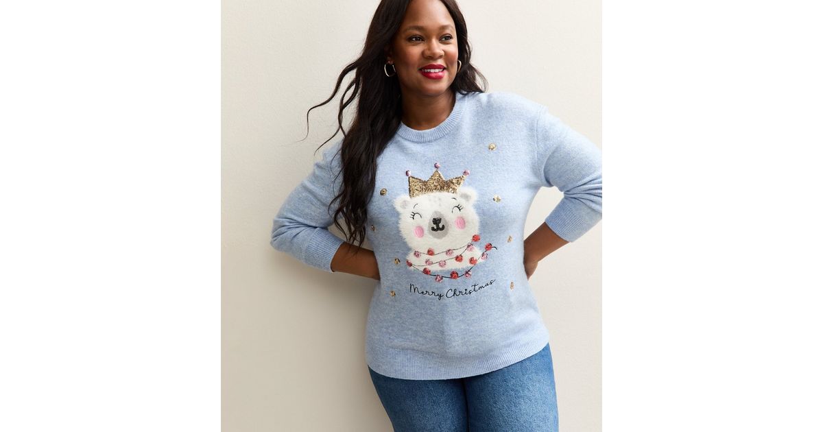 Curves Blue Christmas Polar Bear Embellished Jumper | New Look