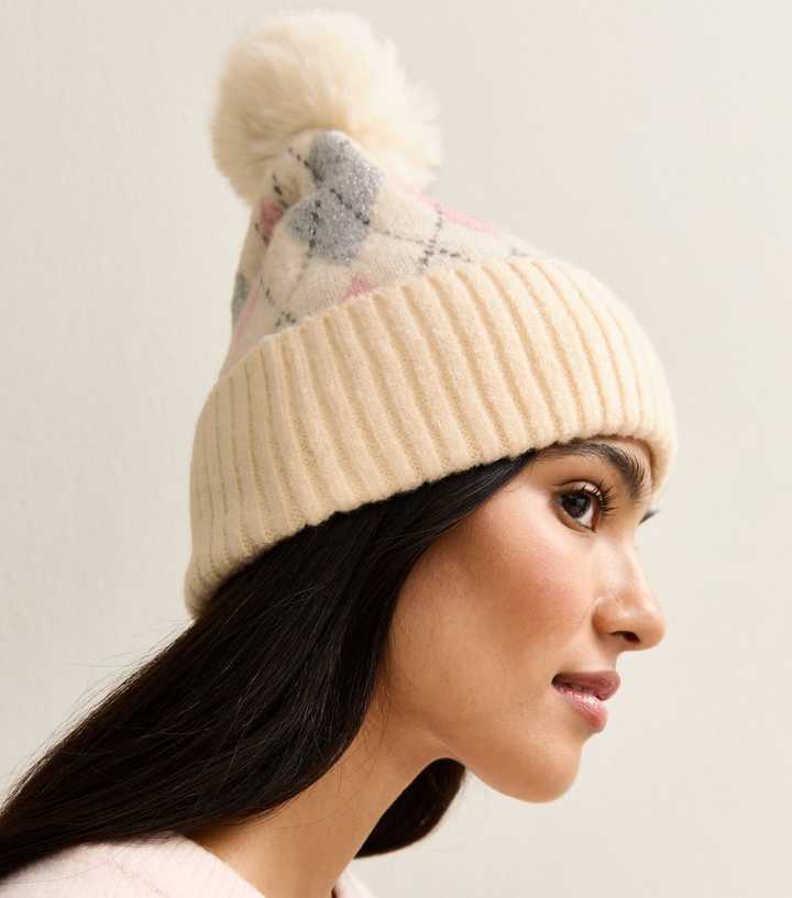 Cream Argyle Bobble Beanie | New Look
