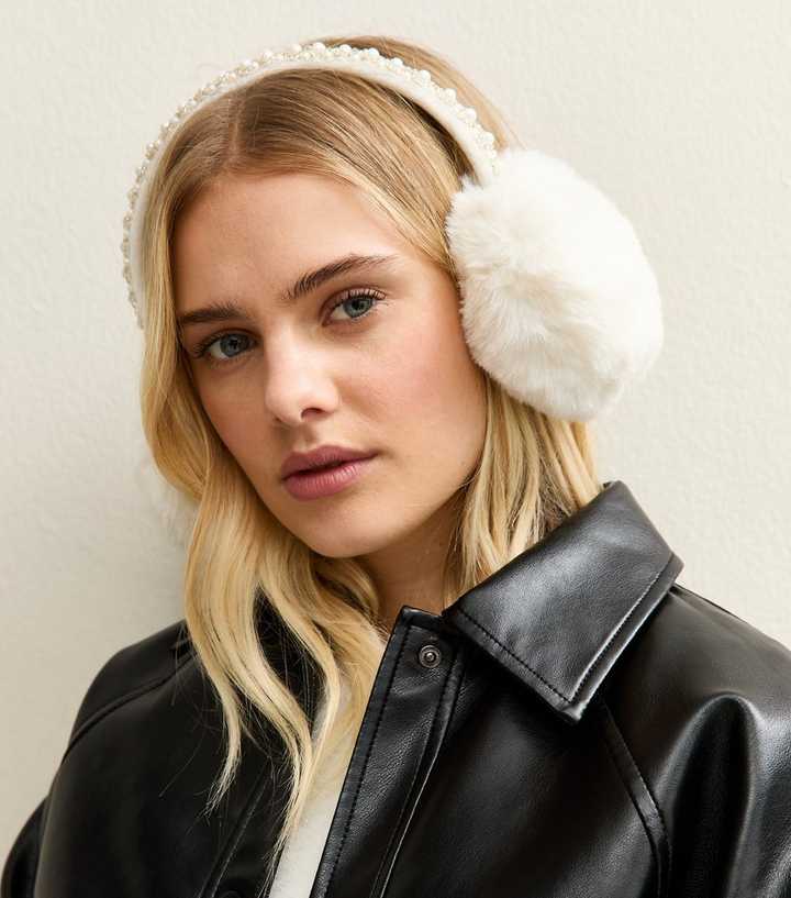 Cream Faux Pearl and Bead Embellished Faux Fur Earmuffs | New Look
