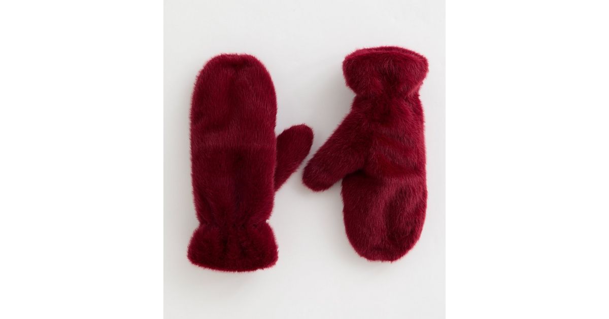 Dark Red Faux Fur Mittens | New Look