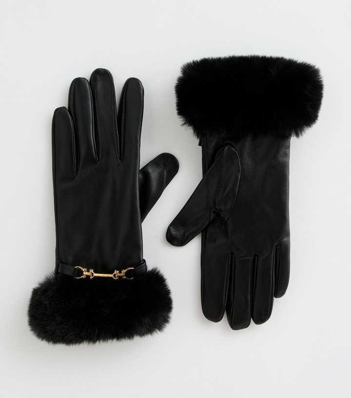 Black Faux Fur Trimmed Faux Leather Gloves with Chain | New Look