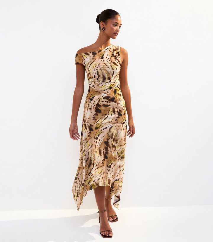 Brown Abstract Print Fallen Shoulder Midi Dress | New Look