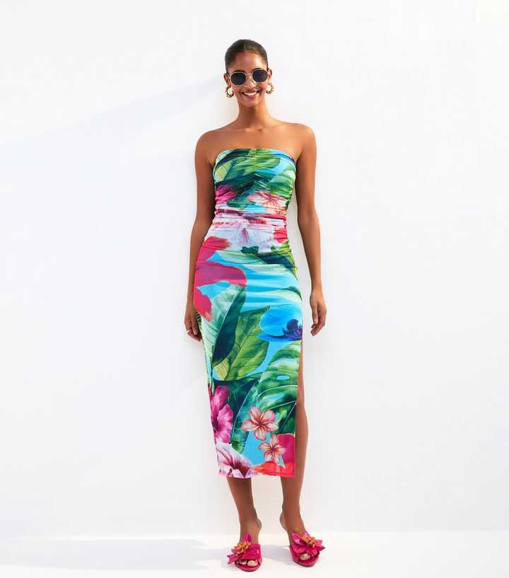 Blue Tropical Print Mesh Bandeau Dress | New Look