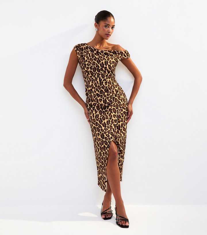 Brown Leopard Print Scuba Drop Shoulder Midi Dress | New Look