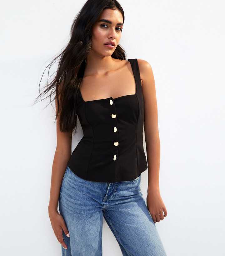 Black Square Neck Metallic Button Top | New Look