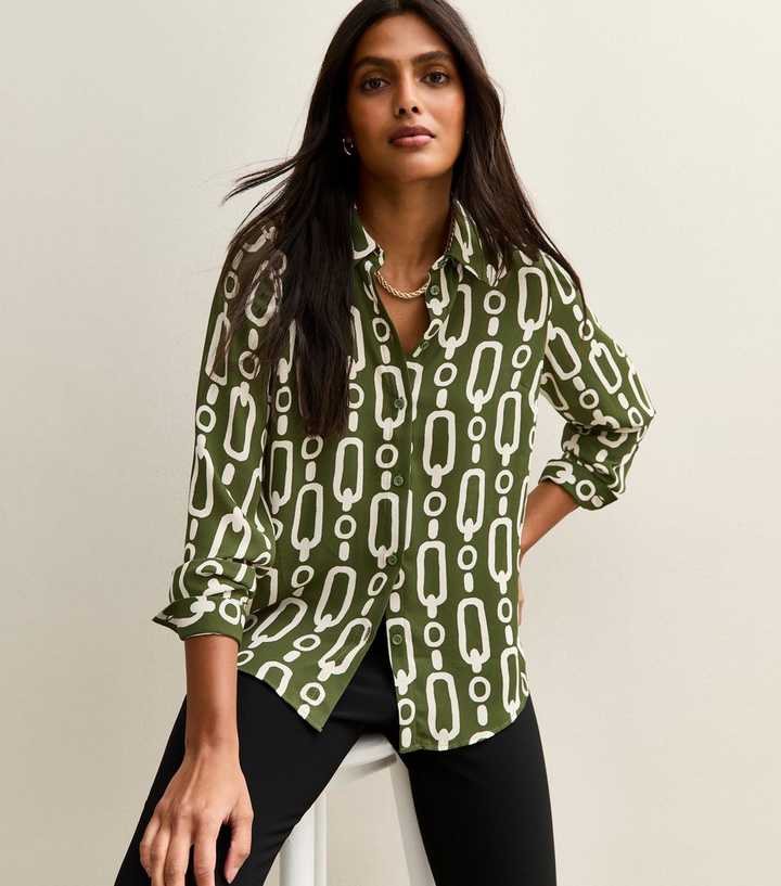 Green Geometric Patterned Long Sleeve Shirt | New Look