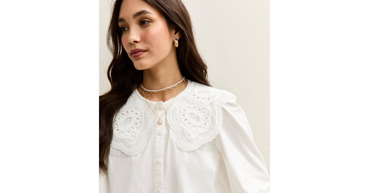 White Embroidered Scallop Collar Long Sleeve Shirt | New Look