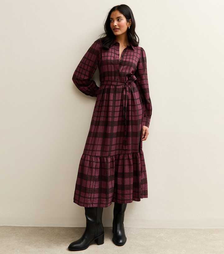 Burgundy Checked Midi Shirt Dress | New Look