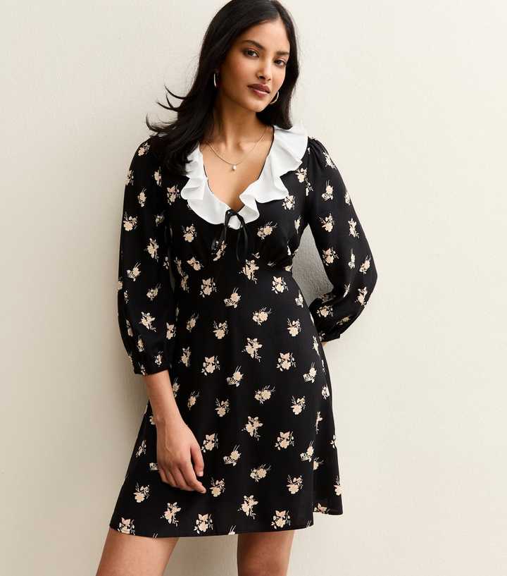 Black Floral Print Frill Neck Mini Dress | New Look