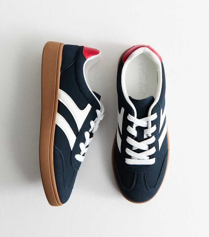 Navy Contrast Panel Faux Suede Trainers | New Look