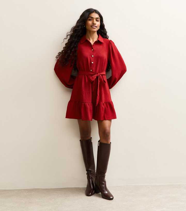 Petite Red Tiered Belt Shirt Mini Dress | New Look