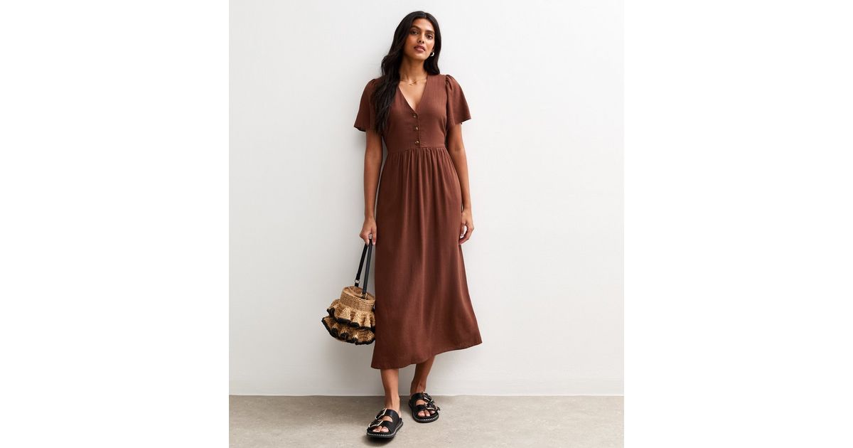 Brown Flutter Sleeve Button Up Midi Dress | New Look