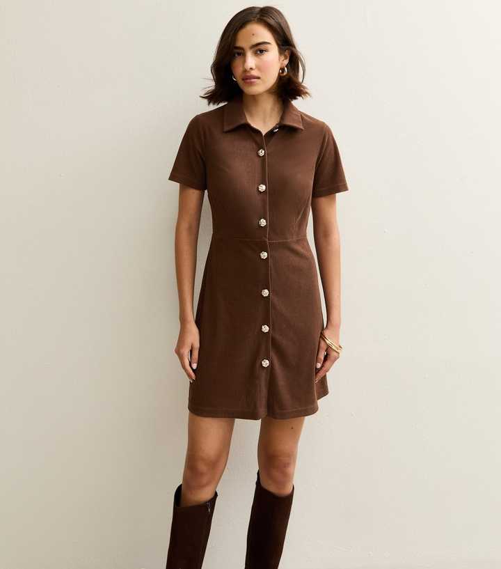 Dark Brown Button Through Corduroy Mini Dress | New Look
