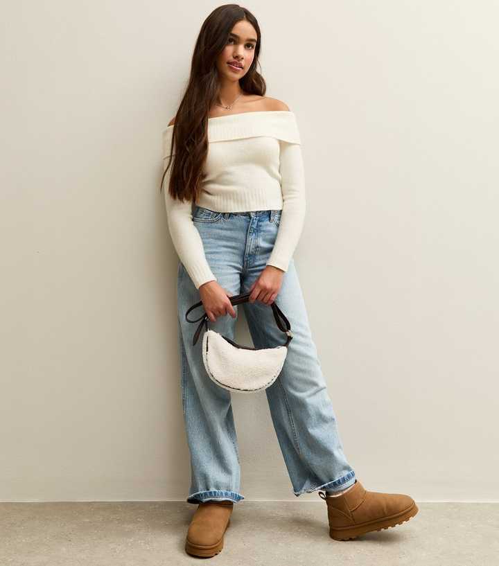 Girls Off White Fold Over Bardot Knitted Jumper | New Look