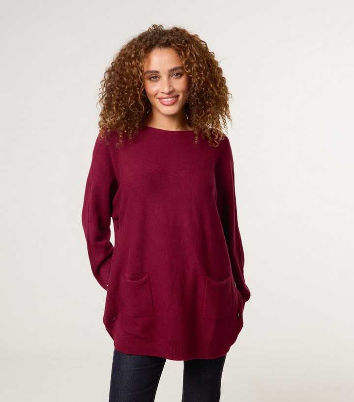 Blue Vanilla Burgundy Slash Neck Longline Jumper | New Look