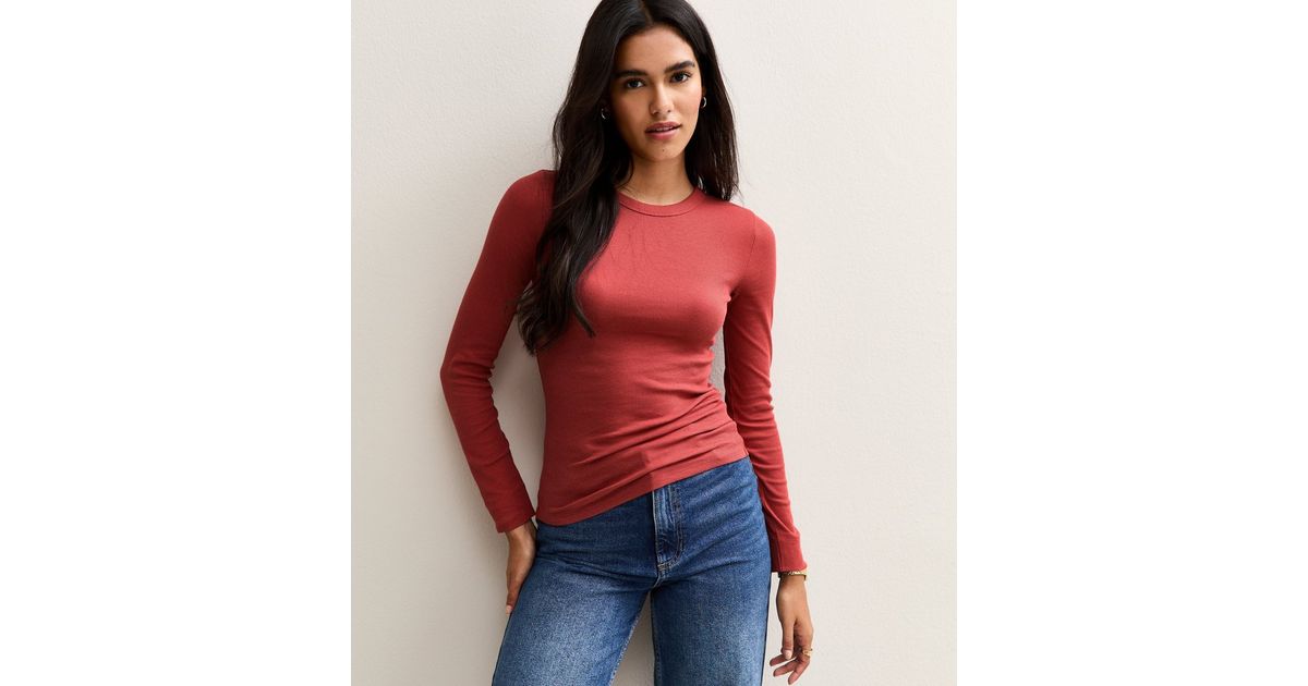 Dark Red Long Sleeve Ribbed Crew Neck Top | New Look