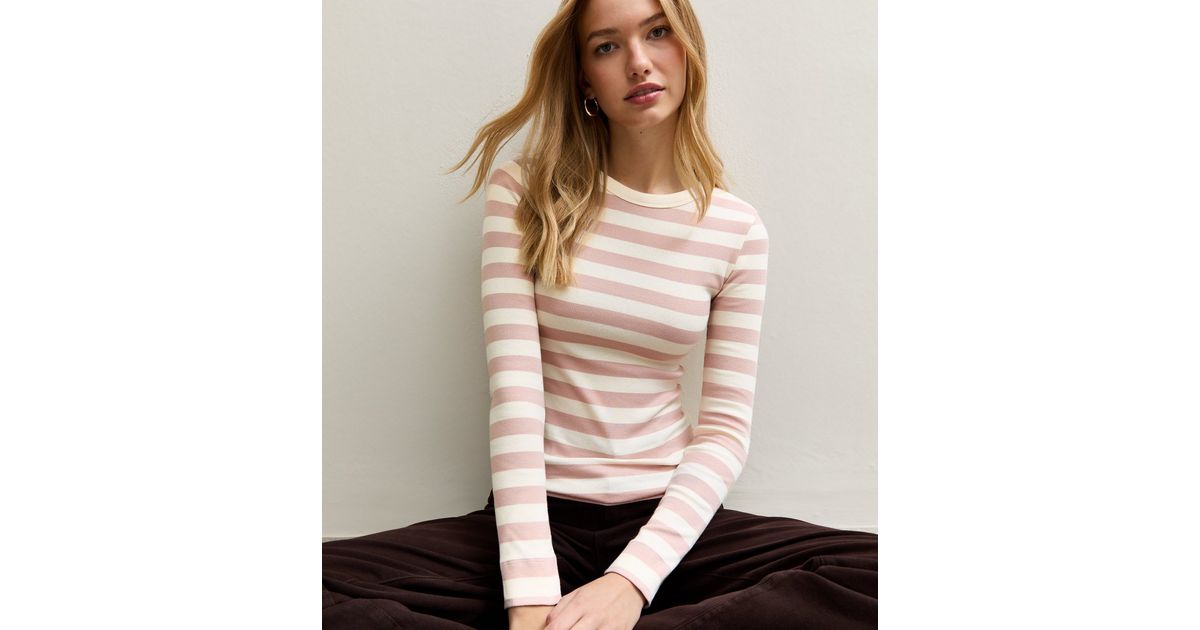 Cream Striped Long Sleeve Ribbed Crew Neck Top | New Look