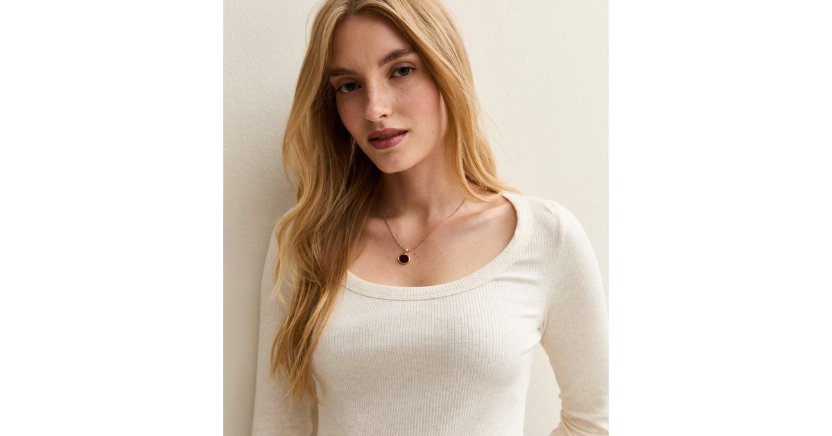 Cream Scoop Neck Long Sleeve Ribbed Top | New Look