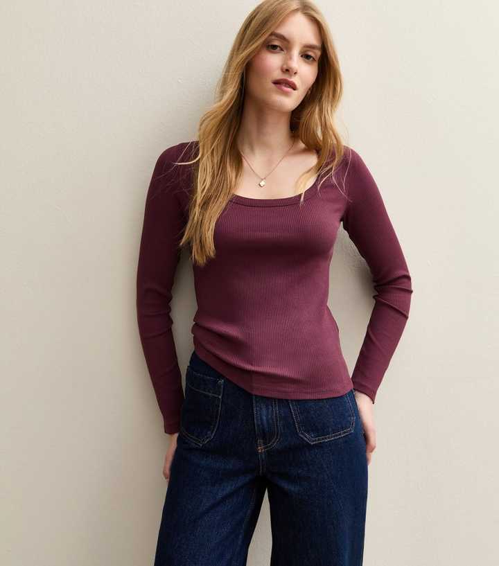Purple Scoop Neck Long Sleeve Ribbed Top | New Look