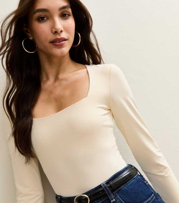 Cream Slinky Square Neck Long Sleeve Bodysuit | New Look