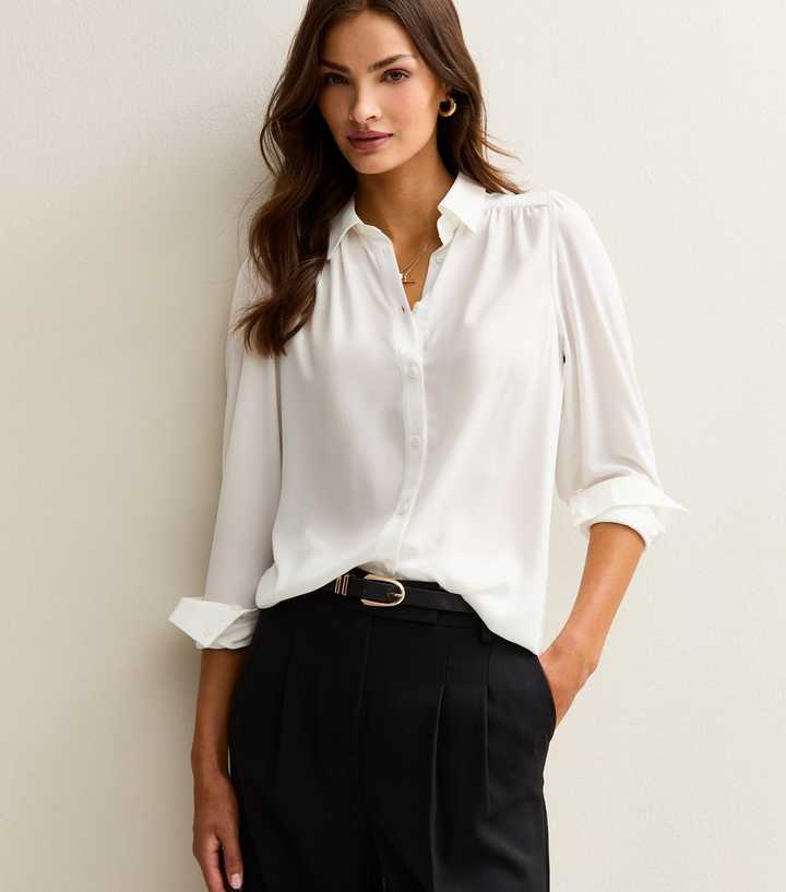 Tall White Gathered Long Sleeve Shirt | New Look