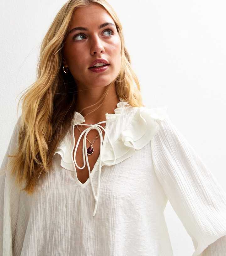 Tall White Frill Tie Neck Blouse | New Look