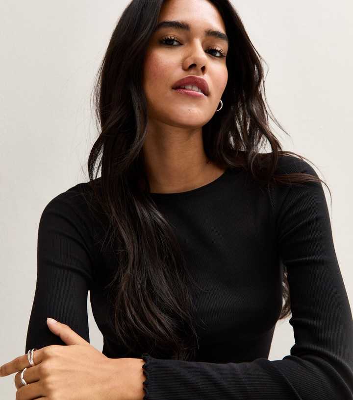 Black Ribbed Crew Neck Long Sleeve Top | New Look