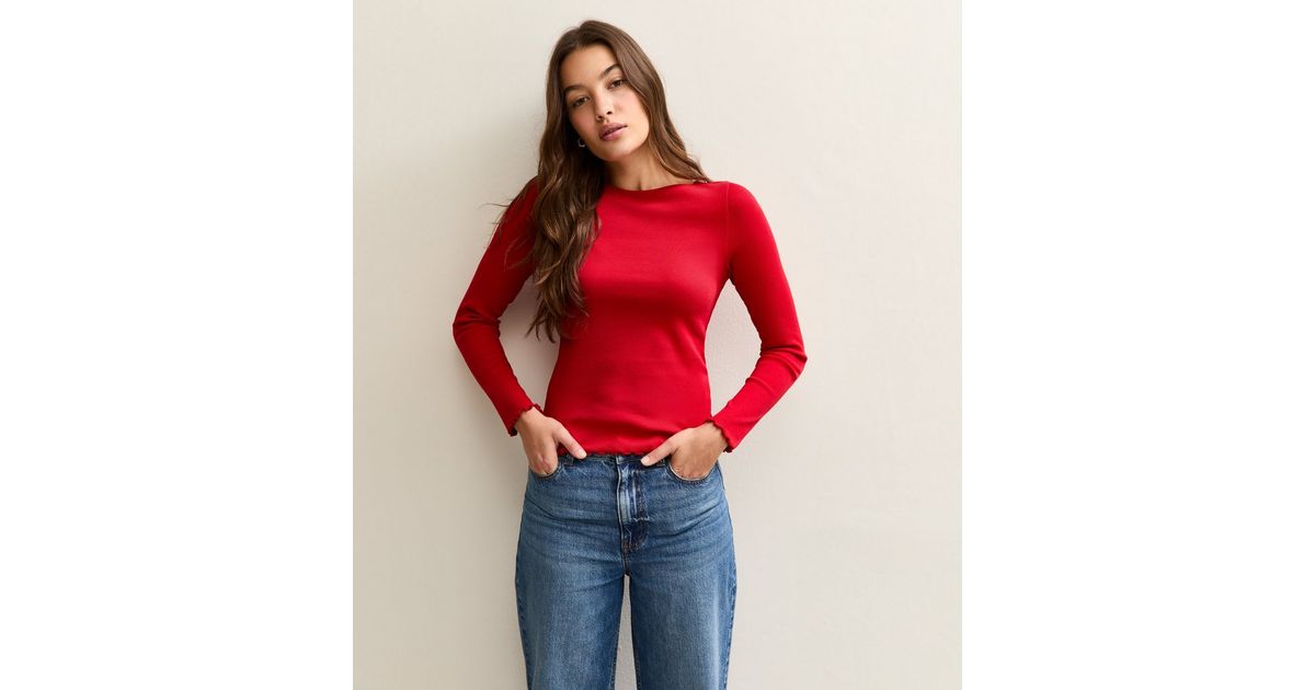 Red Ribbed Crew Neck Long Sleeve Top | New Look
