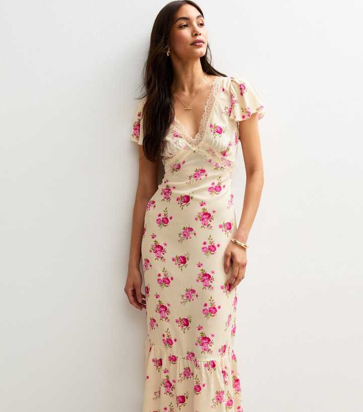 Off White Floral Print Lace Trim Midi Dress | New Look