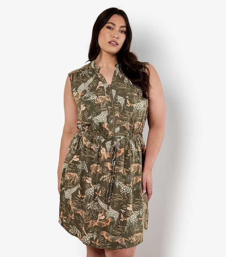 Apricot Curve Khaki Animal Print Zip Front Mini Dress | New Look