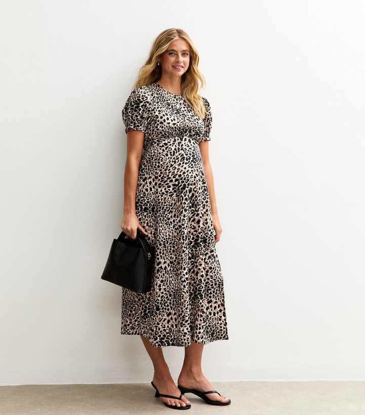 Maternity Brown Leopard Print Slit Hem Midi Dress | New Look