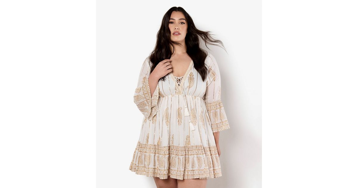 Apricot Curve Cream Metallic Pattern Bell Sleeve Dress | New Look