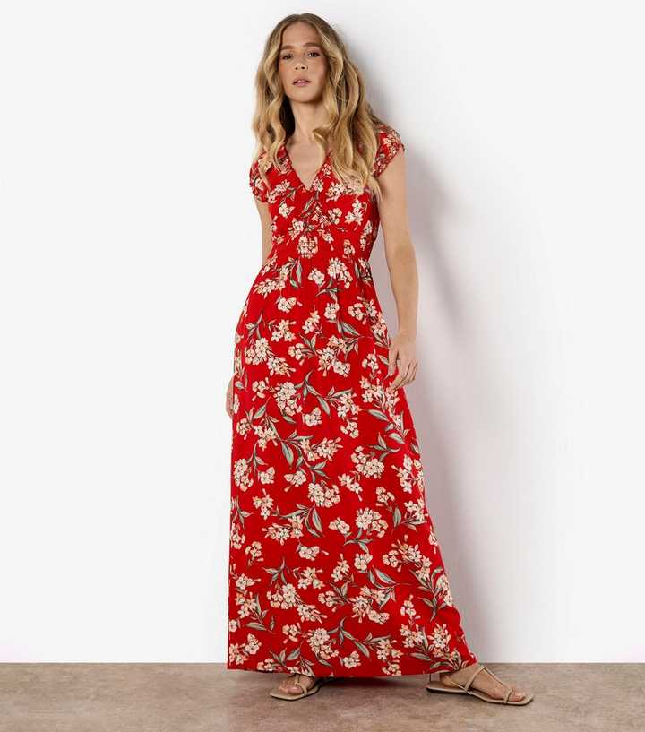 Apricot Red Floral Print Wrap Style Maxi Dress | New Look