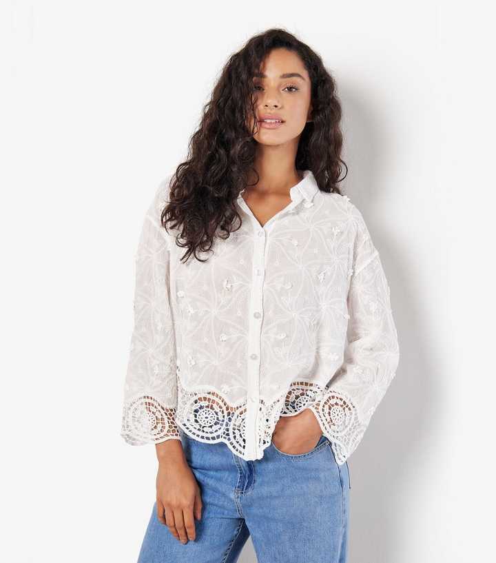 Apricot White Floral Embroidered Crochet Hem Blouse | New Look