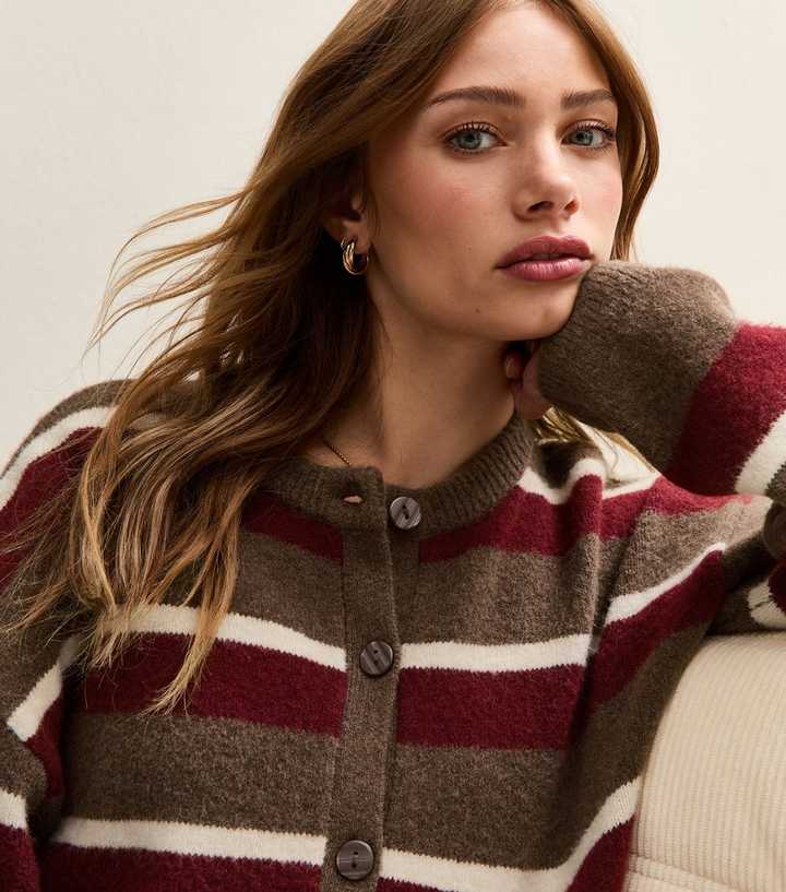Brown Striped Crew Neck Cardigan | New Look