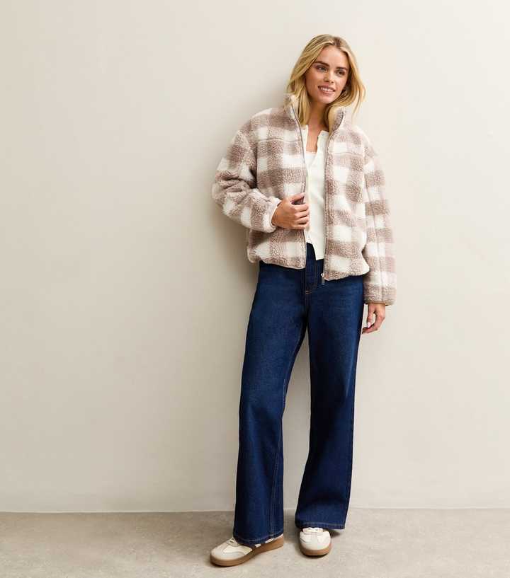 Petite Cream Check Teddy Jacket | New Look