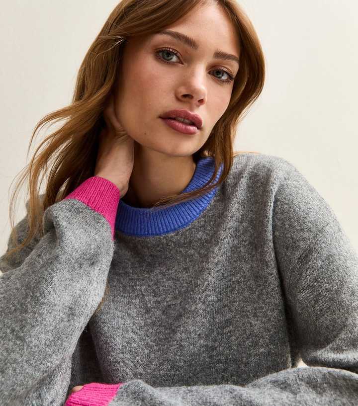 Grey Contrast Rib Crew Neck Jumper | New Look
