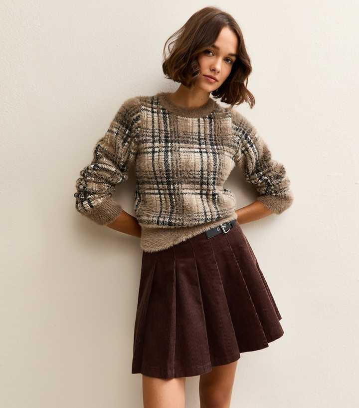 Brown Fluffy Check Crew Neck Jumper | New Look
