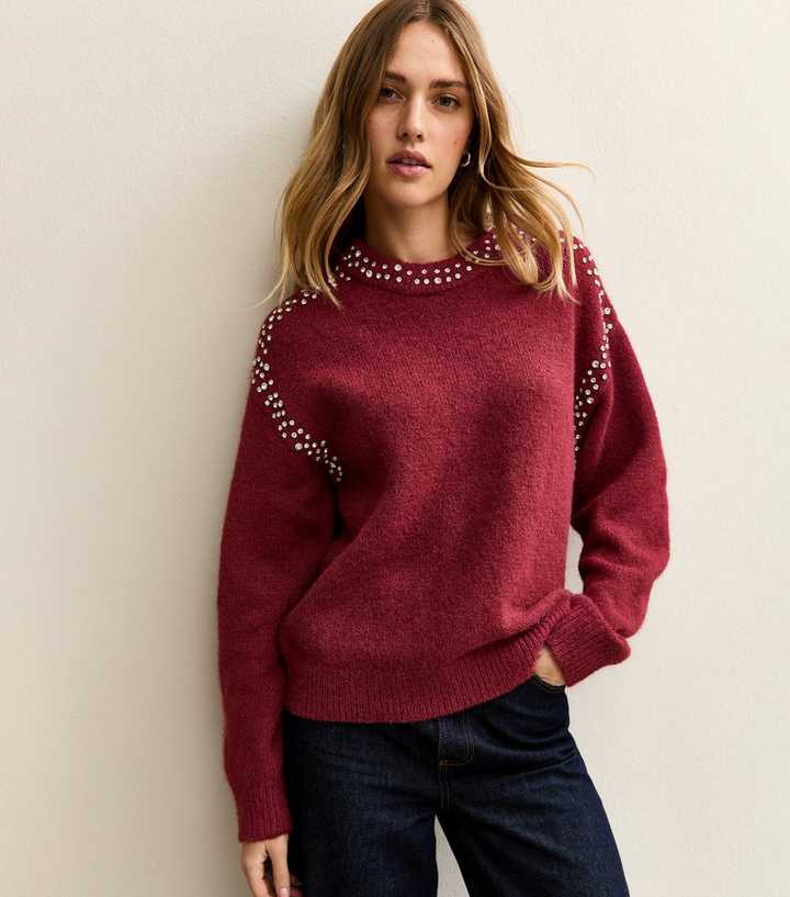 Dark Red Diamante Embellished Jumper | New Look